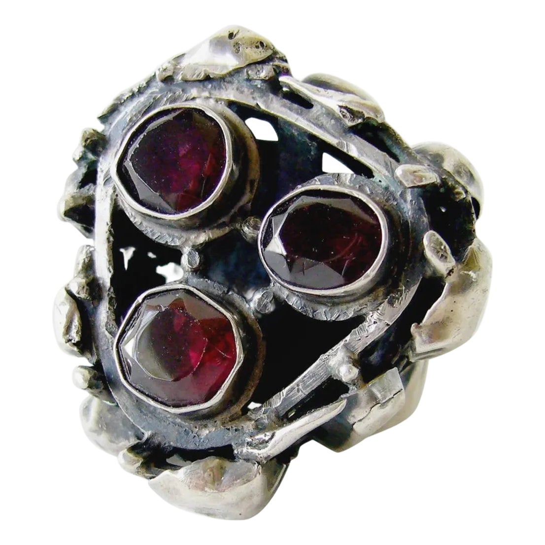 Rachel Gera Garnet Sterling Silver Israeli Modernist Ring | Chairish