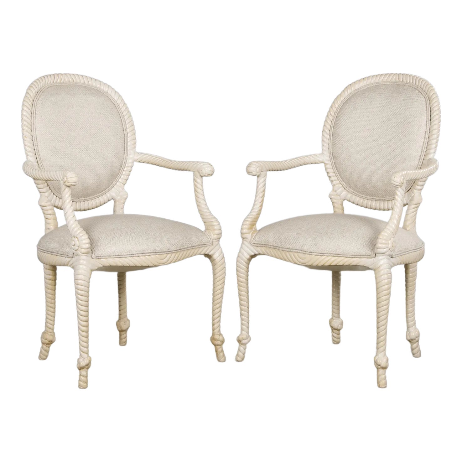 Napoleon III Style Faux Rope Painted Armchairs in Cream Fabric - A Pair ...