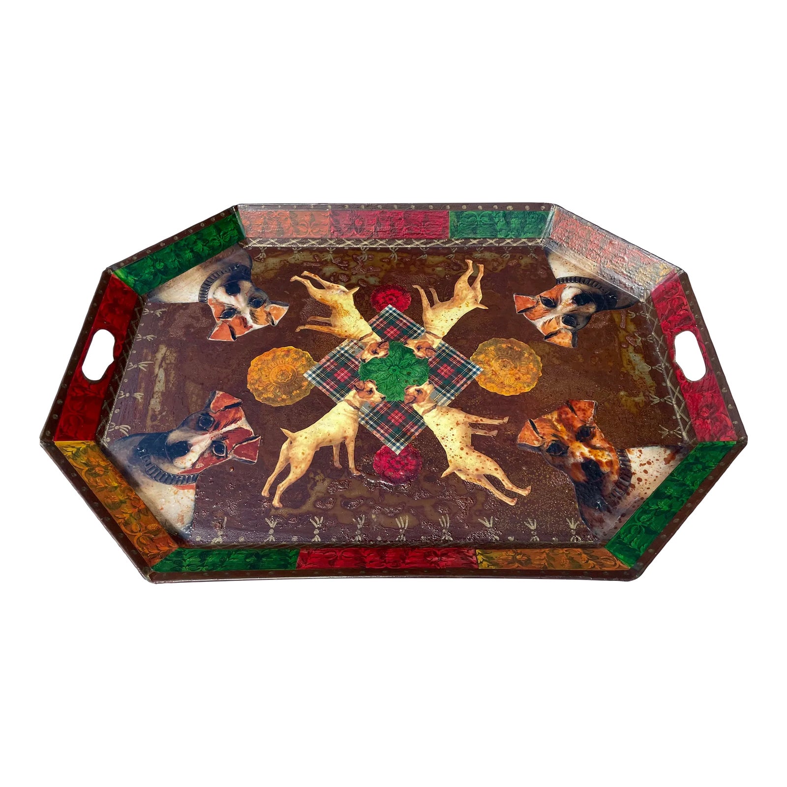 Dogs on Tartan Plaid, Decoupage Metal Tray, Henri Bendel, 1997 | Chairish