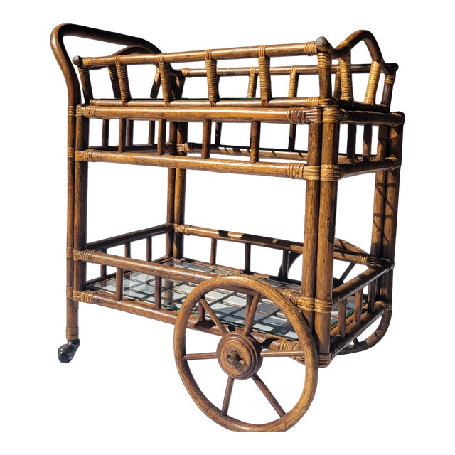 Vintage Bamboo Rattan Rolling Cart With Removable Tray | Chairish