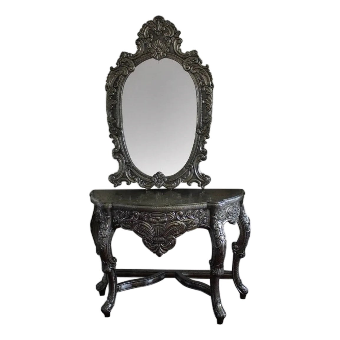 Handmade Vanity & Mirror Set in Silver - Set of 2 | Chairish