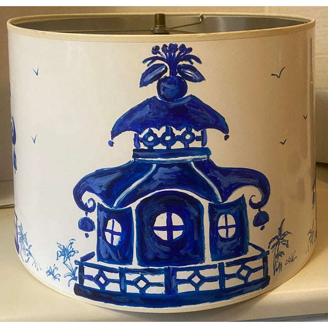 Custom Hand Painted Chinoiserie Style Shade With Pagodas | Chairish