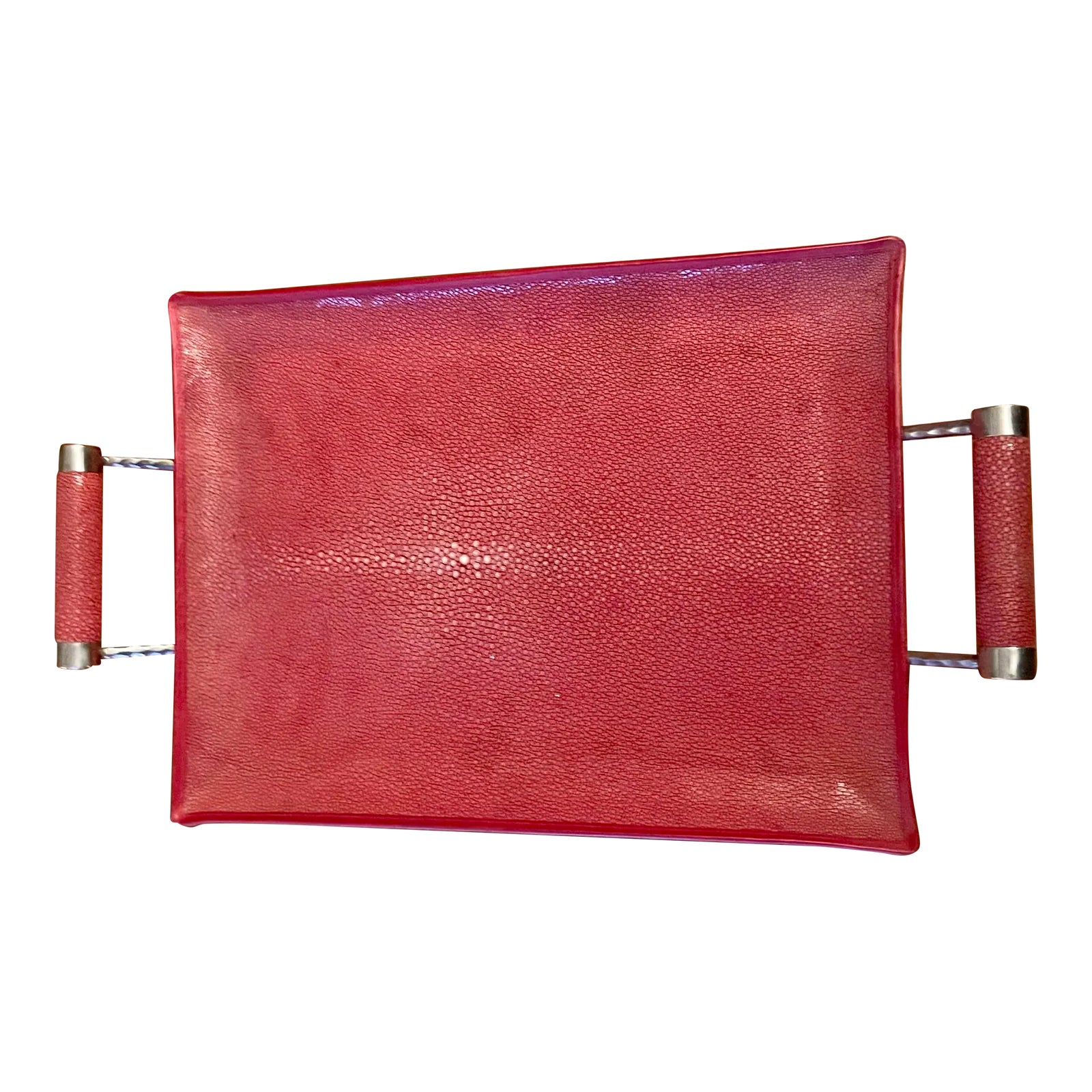 1990 Red Shagreen Tray With Two Handles, Italy | Chairish