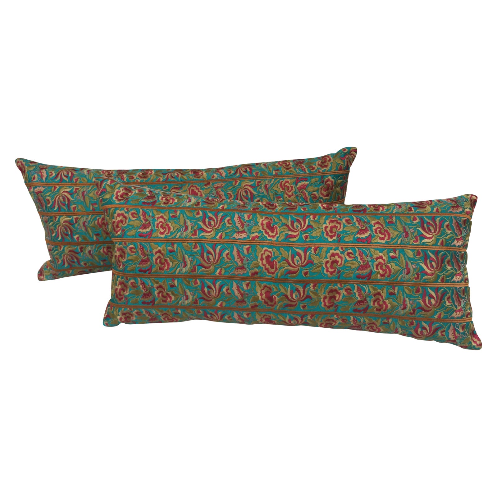 Embroidered Jade Silk Butterfly Pillows - Pair | Chairish