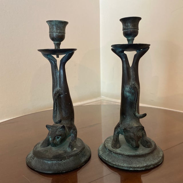 Vintage Verdigris Metal Cat Candleholders - a Pair | Chairish