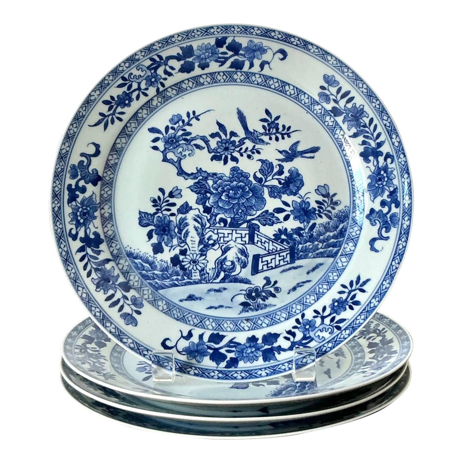 Vintage Asian Blue Flow Glazed Ceramic Plates - Set of 4 | Chairish