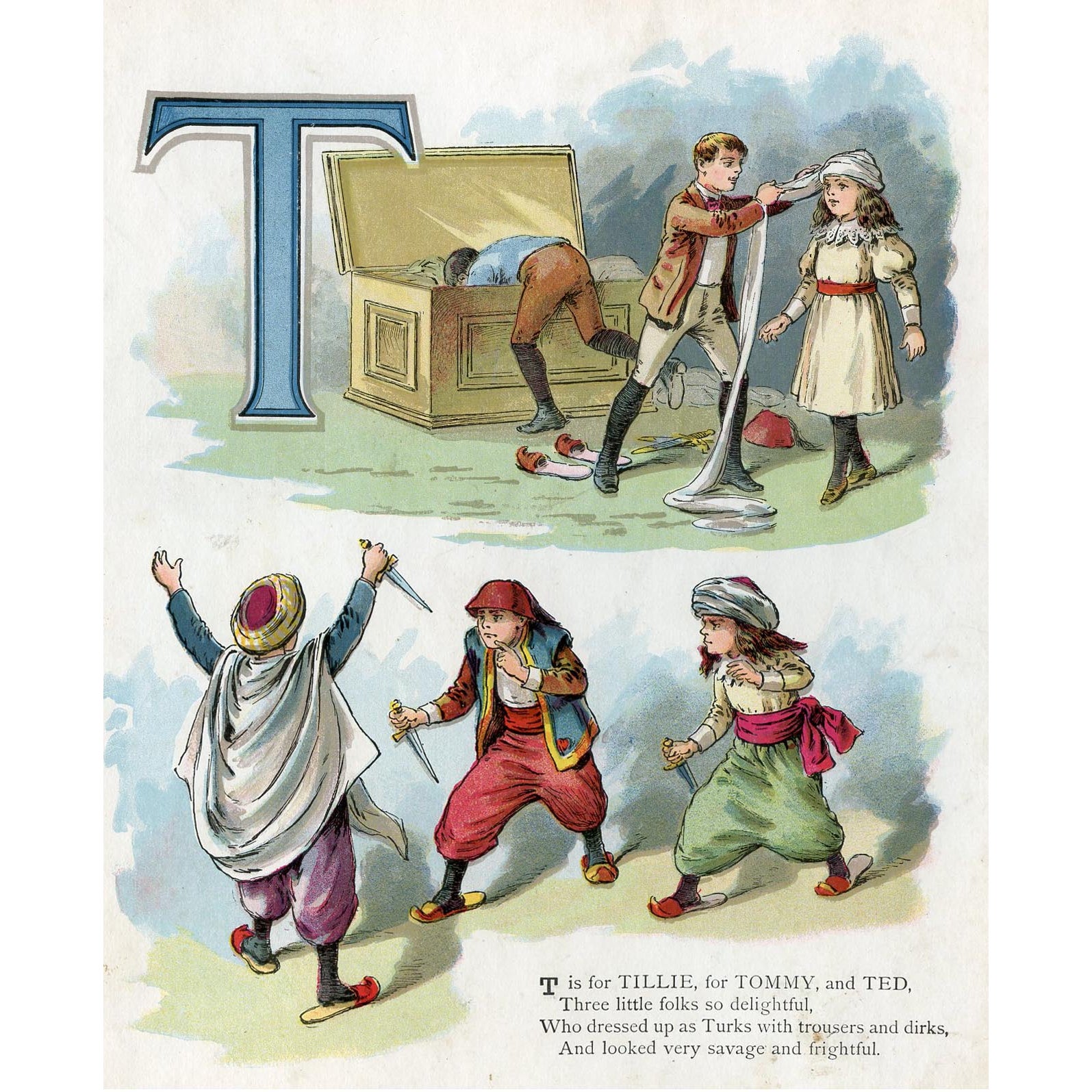 Girls & Boys Alphabet Chromolithograph, Letter "T" | Chairish