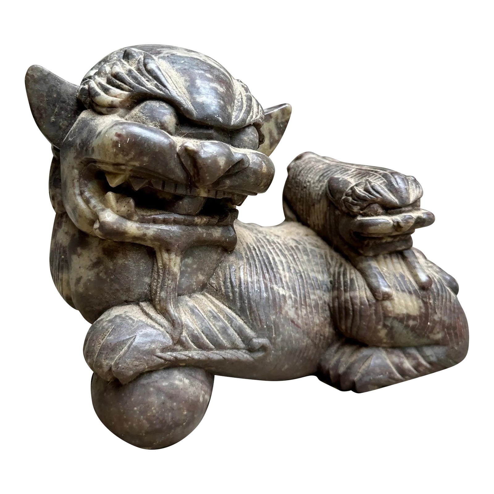 Antique Intricately Carved Solid Jasper Marble Foo Dog Sculpture | Chairish