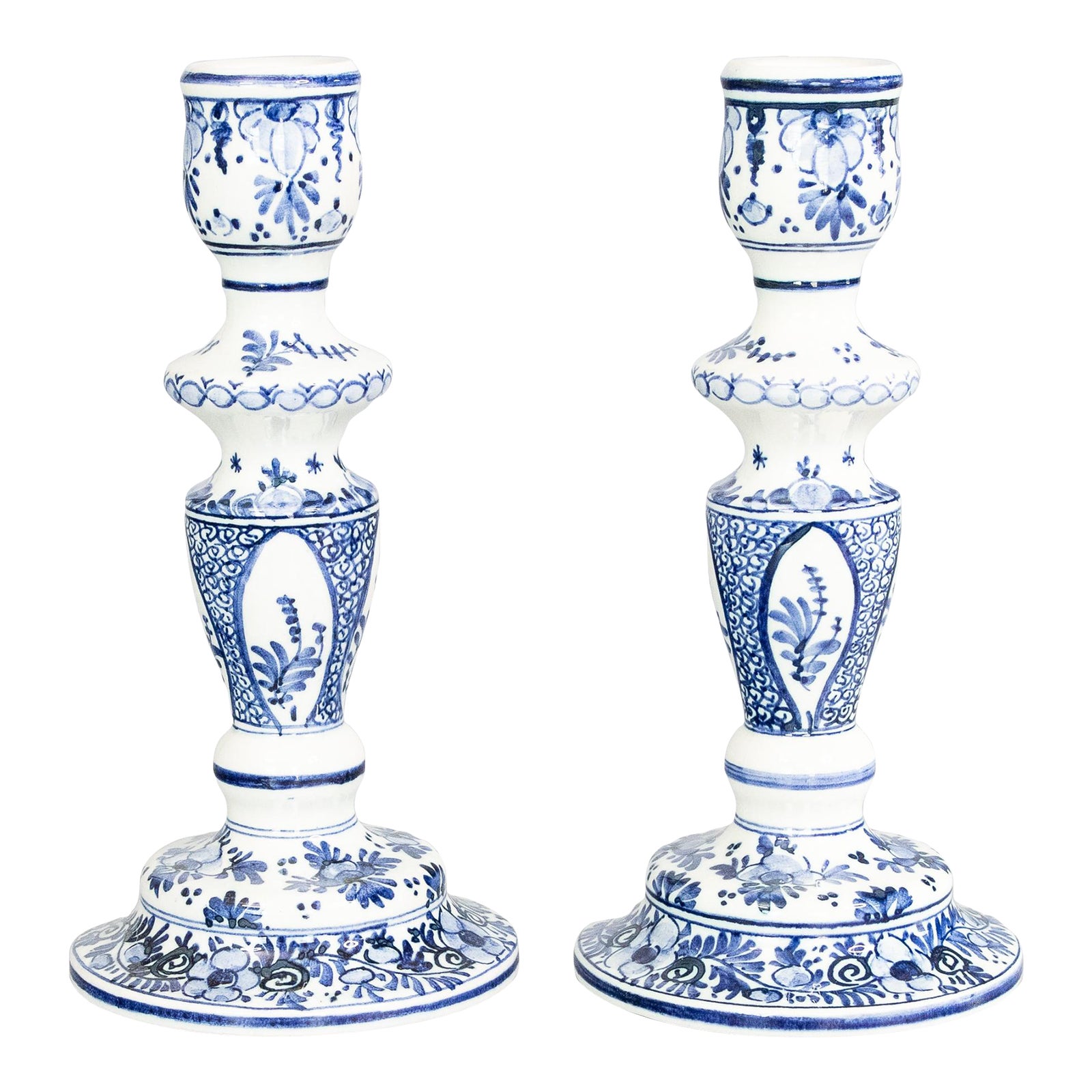 Vintage Dutch Delft Faience Floral Candlesticks - a Pair | Chairish