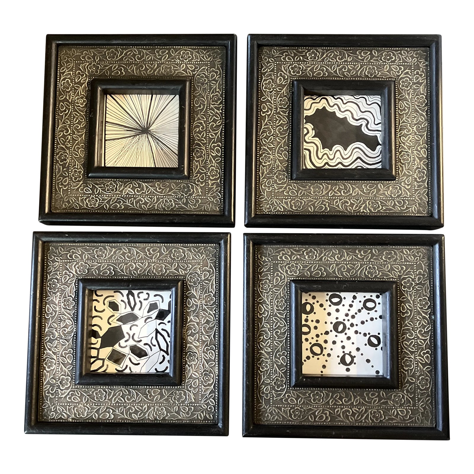 1970’s 4 Original Small Abstract Ink Drawings Chunky Ornate Frames-Set ...