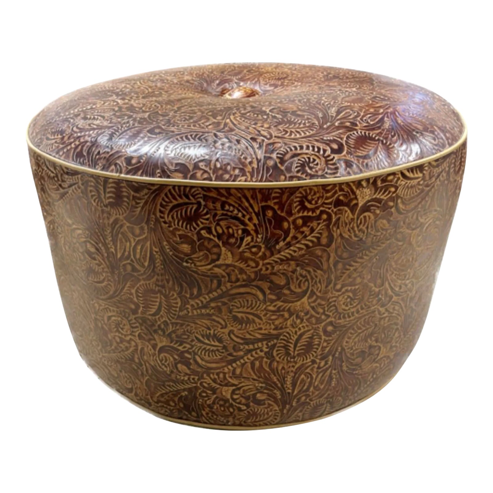 Custom French Button Ottoman With Embossed Leather and Self-Welt | Chairish