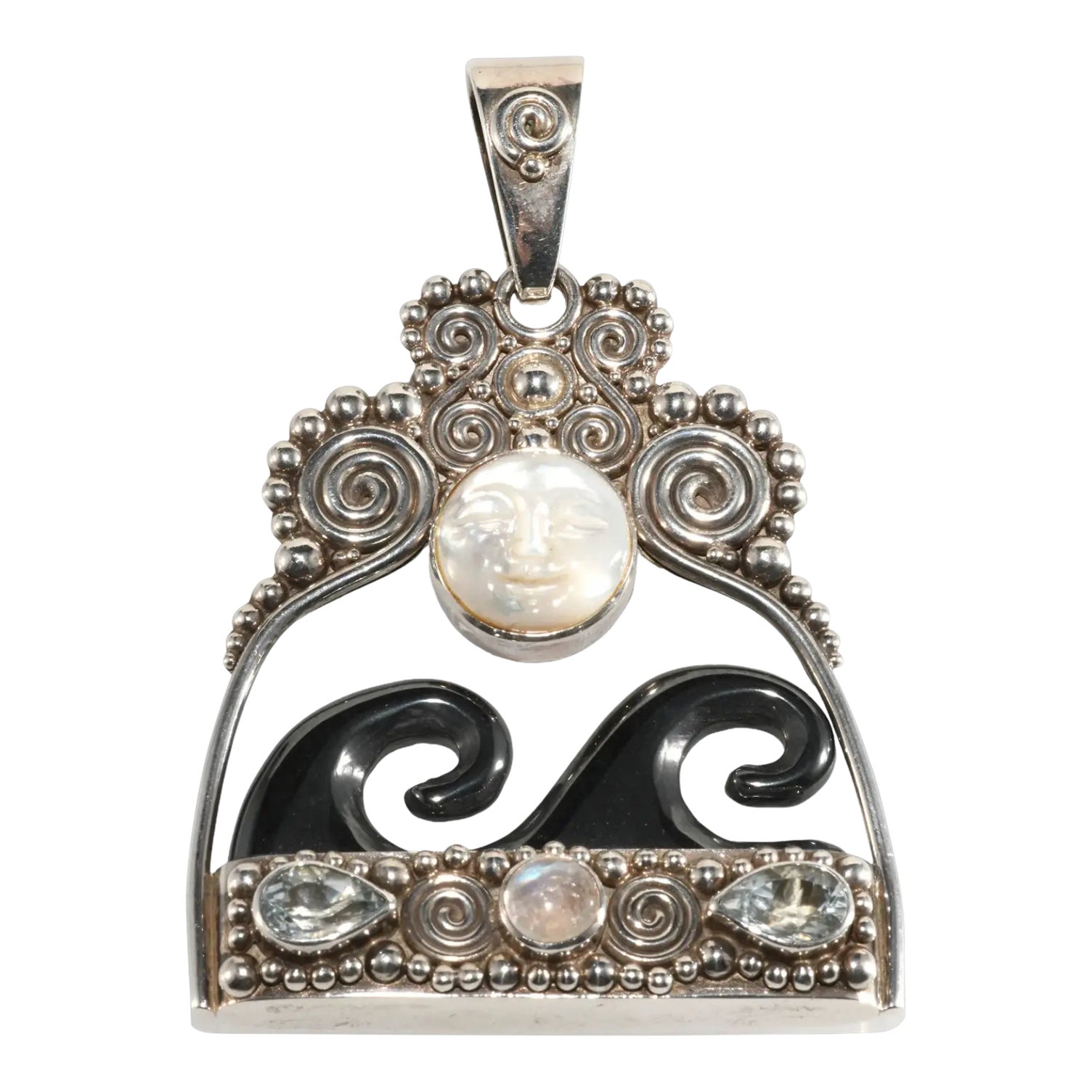 Sajen Large Sterling Silver Pendant Goddess Face Waves | Chairish