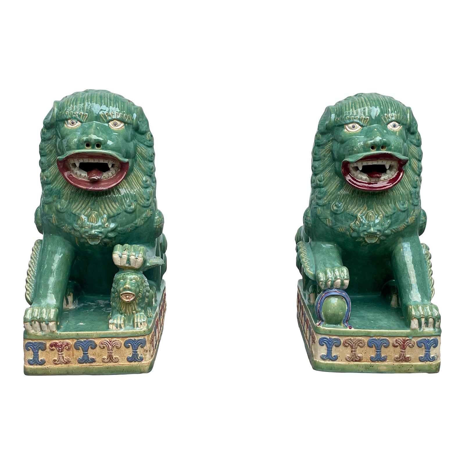 Vintage Large Green Foo Lions/Dogs - Set of 2 | Chairish