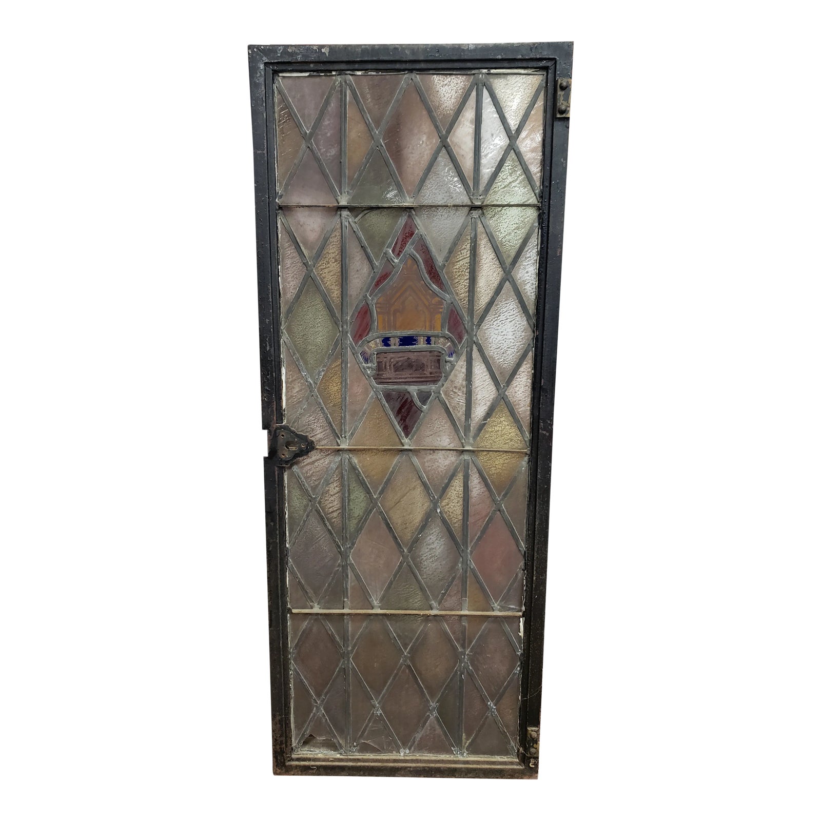 Antique Stained Glass Window in Heavy Metal Frame | Chairish