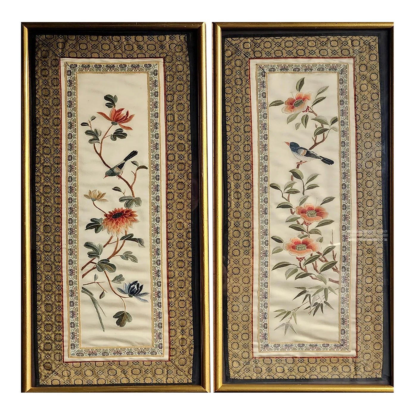 Pair of Contemporary Chinese Silk Needlework Floral Panels, Framed ...