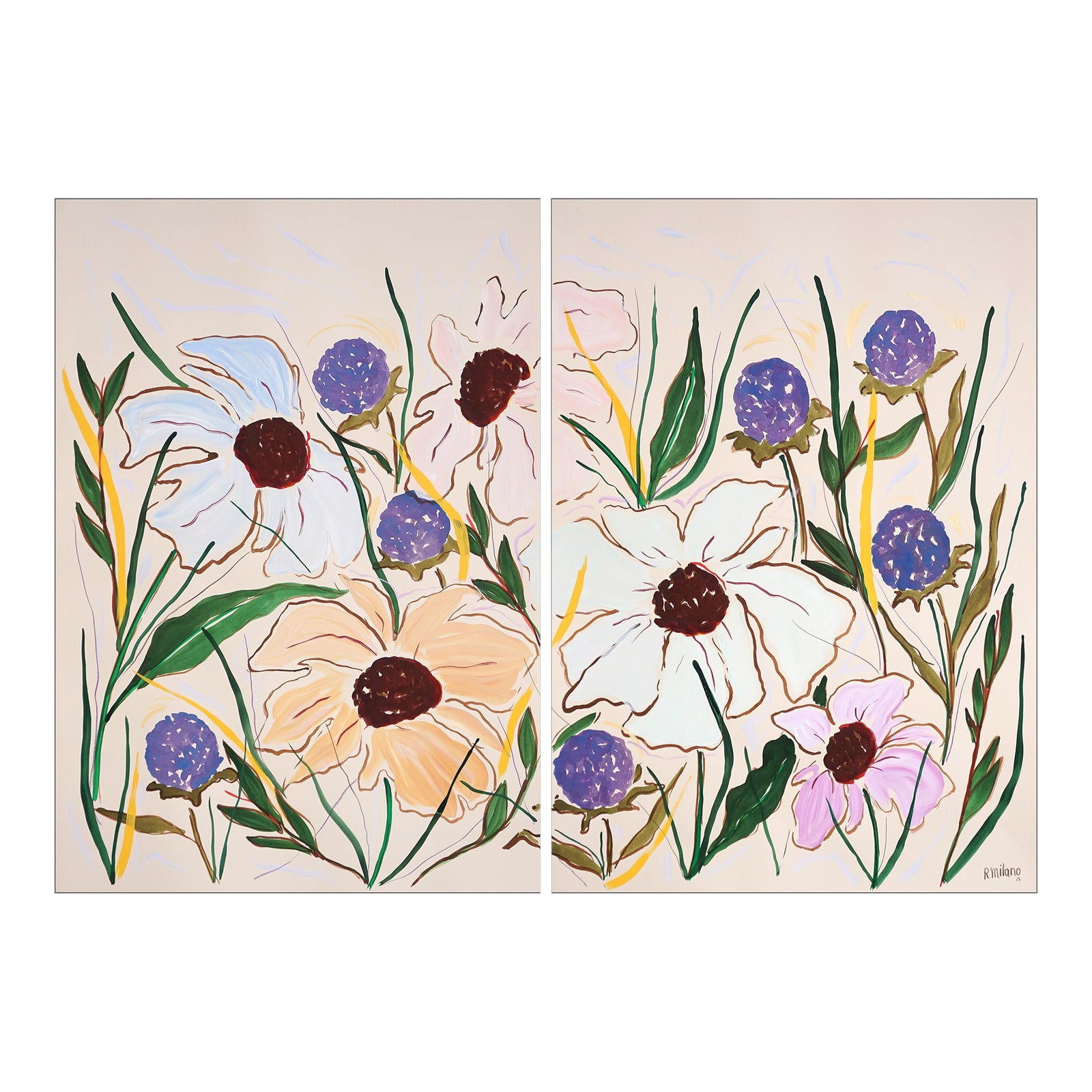 2024, Illustration Style Flowers Diptych of "Spring Prairie Flowers ...