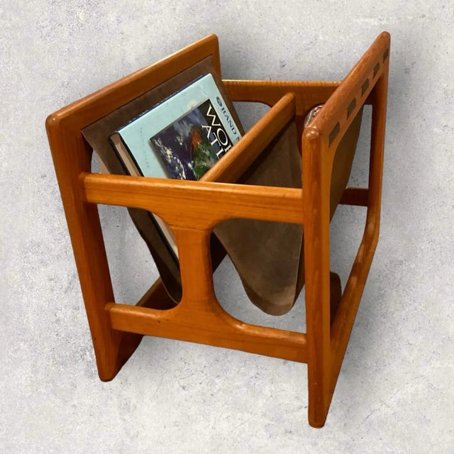Mid Century Modern Teak Wood and Leather Danish Magazine Rack | Chairish