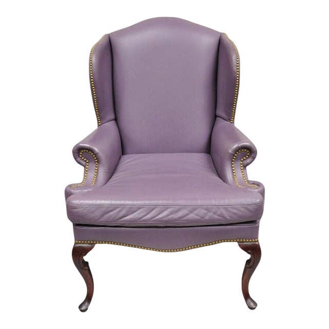 Late 20th Century Queen Anne Style Purple Leather Wingback Chair With ...