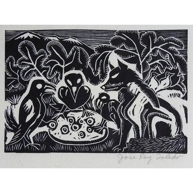 Vintage Mid 20th Century Jose Rey Toledo Raven Crow Wolf Woodcut | Chairish