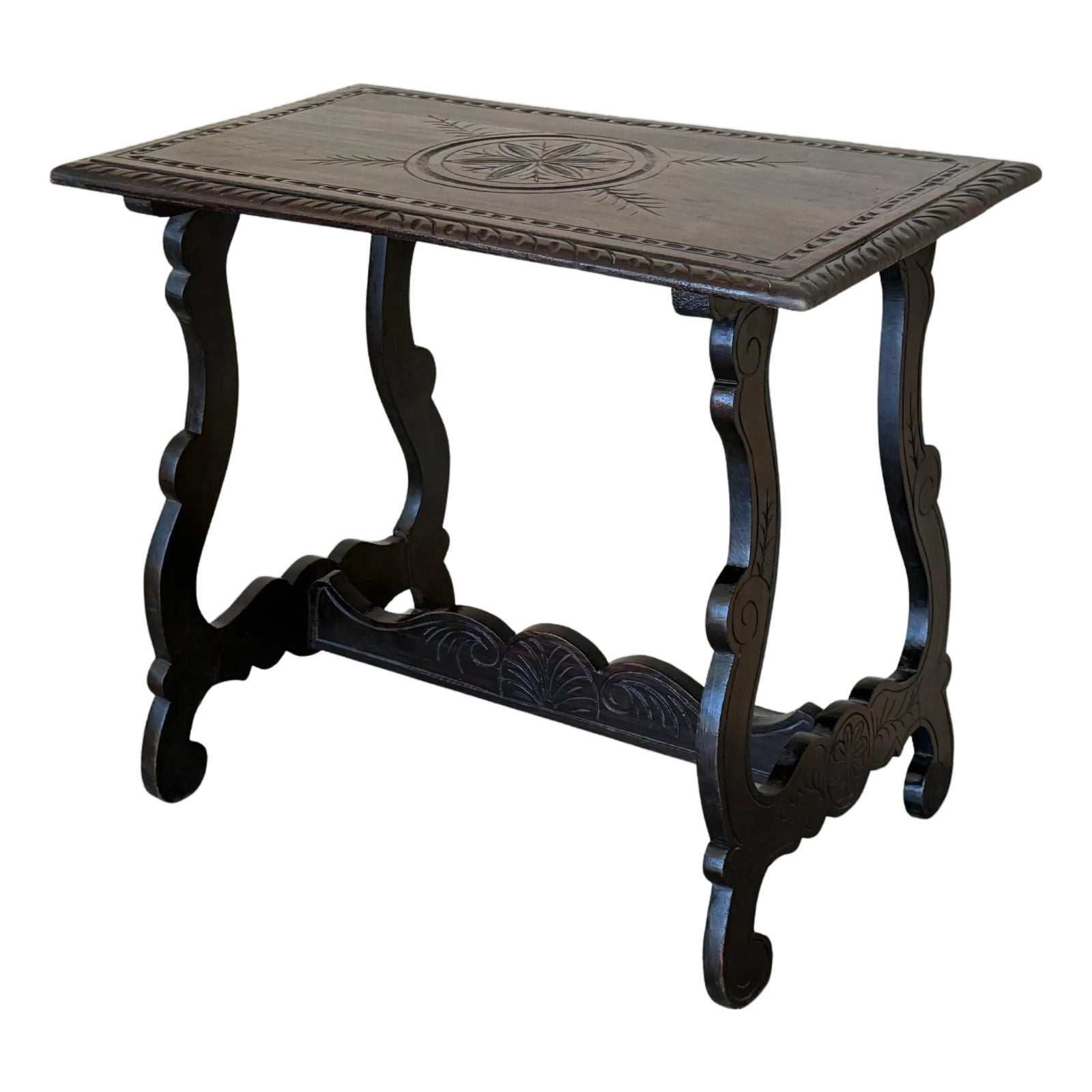 19th Baroque Spanish Side Table with Lyre Legs and Carved Edges | Chairish