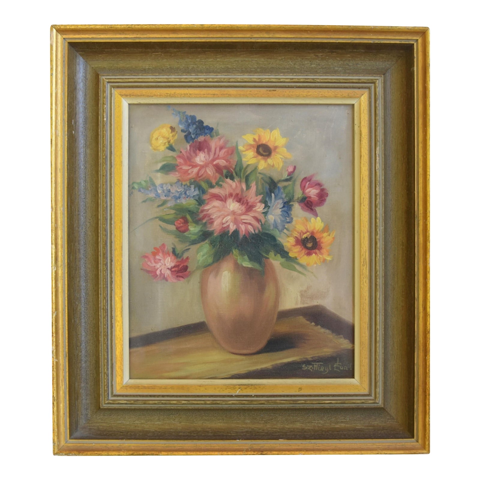 1950s Vintage Bouquet of Flowers in Vase Painting W/ Original Wood Gold ...