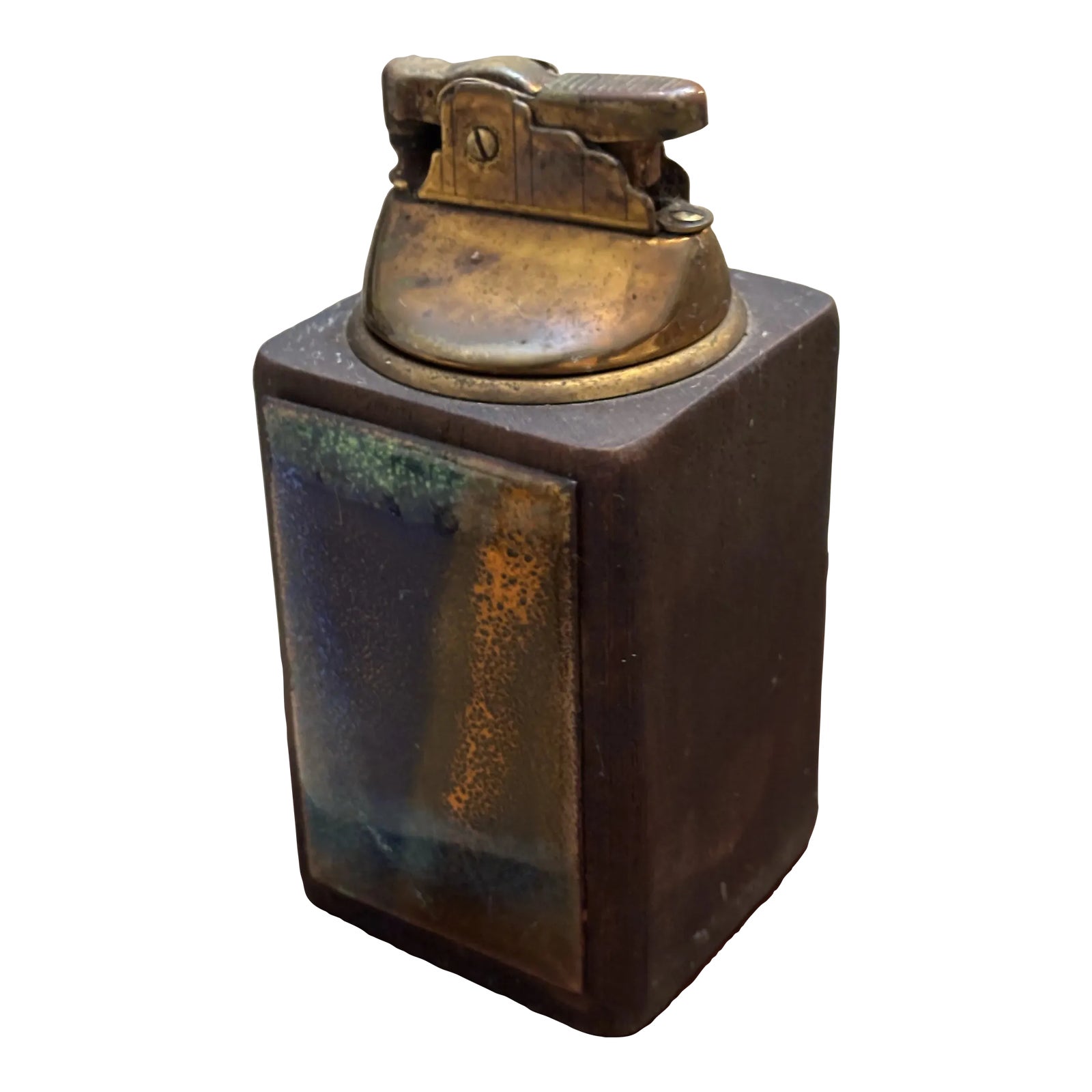 Vintage Mid-Century Modern Enameled Copper & Walnut Wood Table Lighter ...