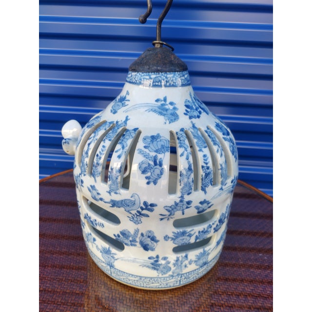 Vintage Ceramic Blue and White Chinoiserie Large Bird Cage Decorative ...