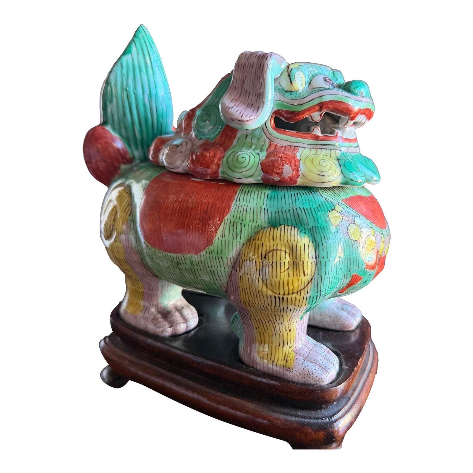 Chinese Foo Dog Censor and Wood Base. | Chairish
