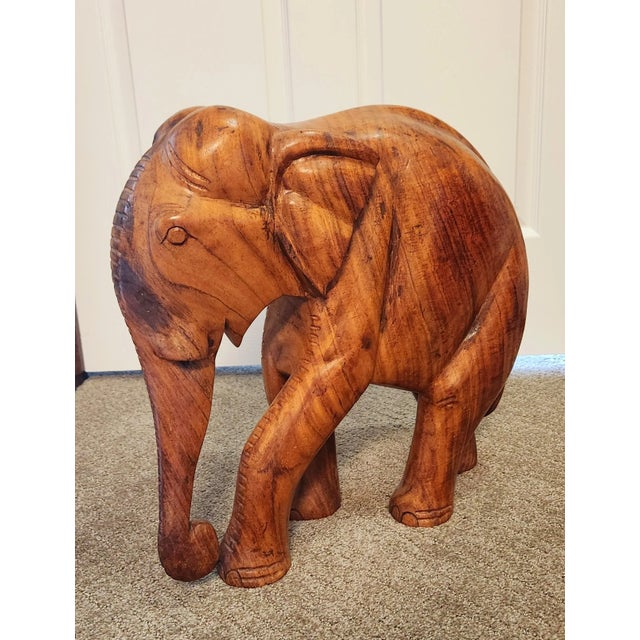 Hand Carved Teak Wood Elephant Sculptures - Set of 2 | Chairish