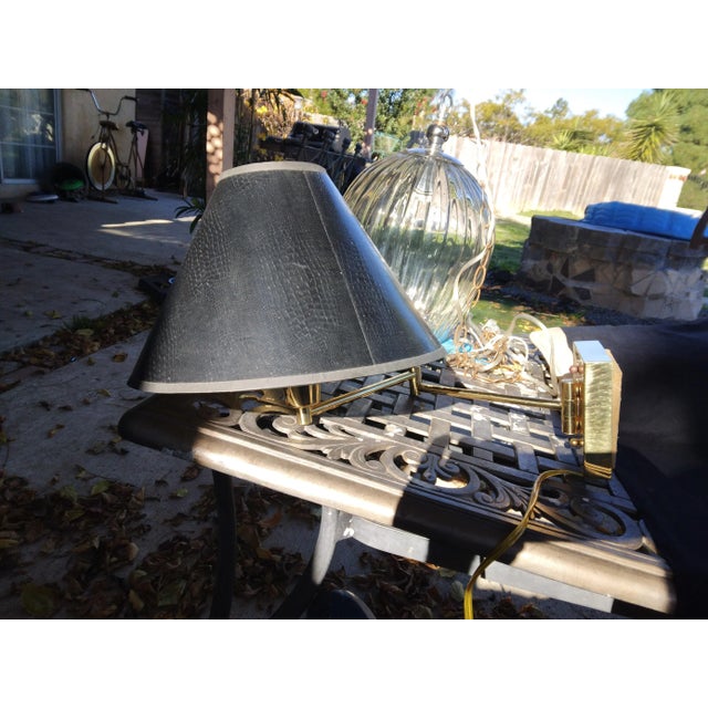 1980s Brass Swing Arm Lamp Wit Faux Black Snake Skin Shade | Chairish