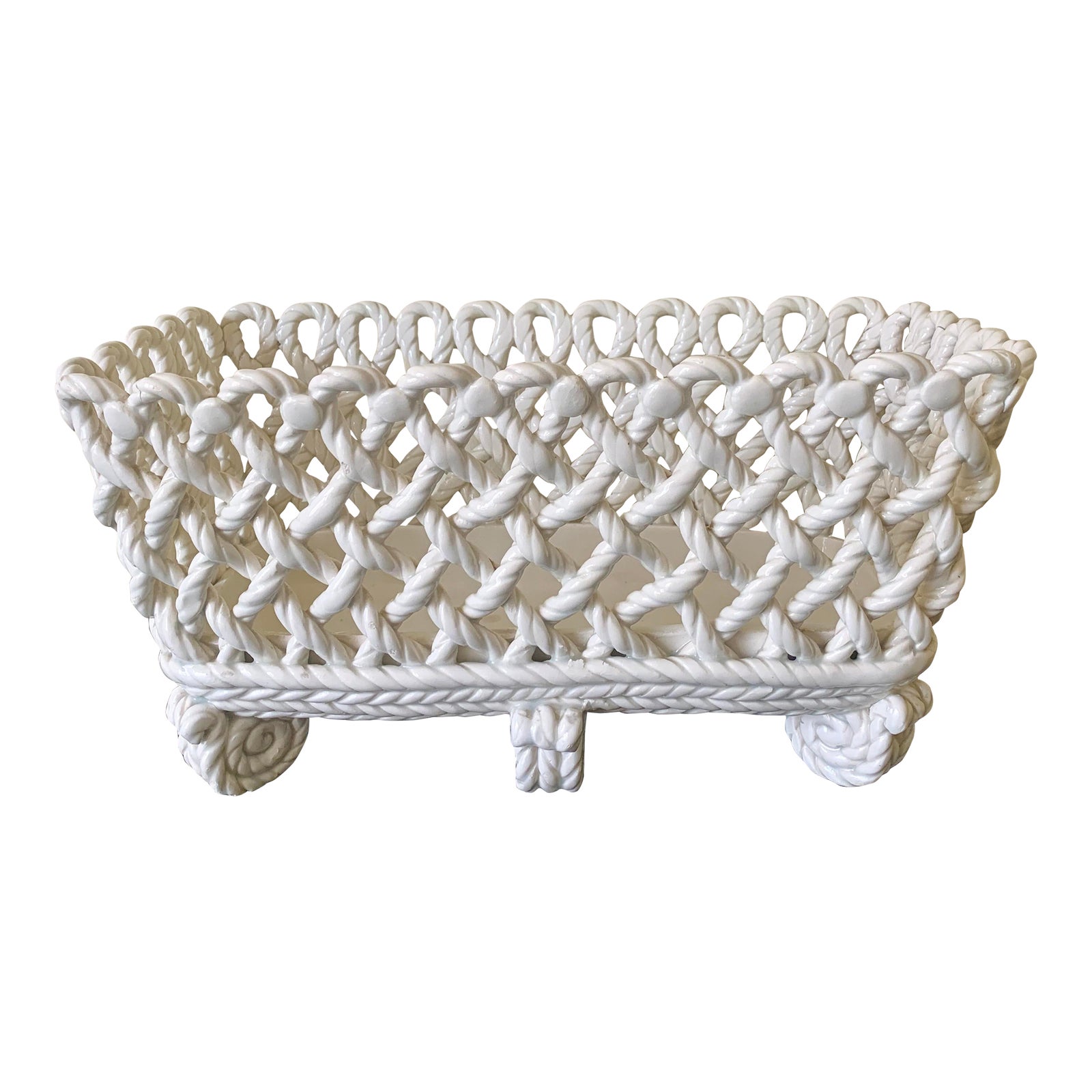 French Country White Ceramic Woven Rope Cachepot Basket | Chairish