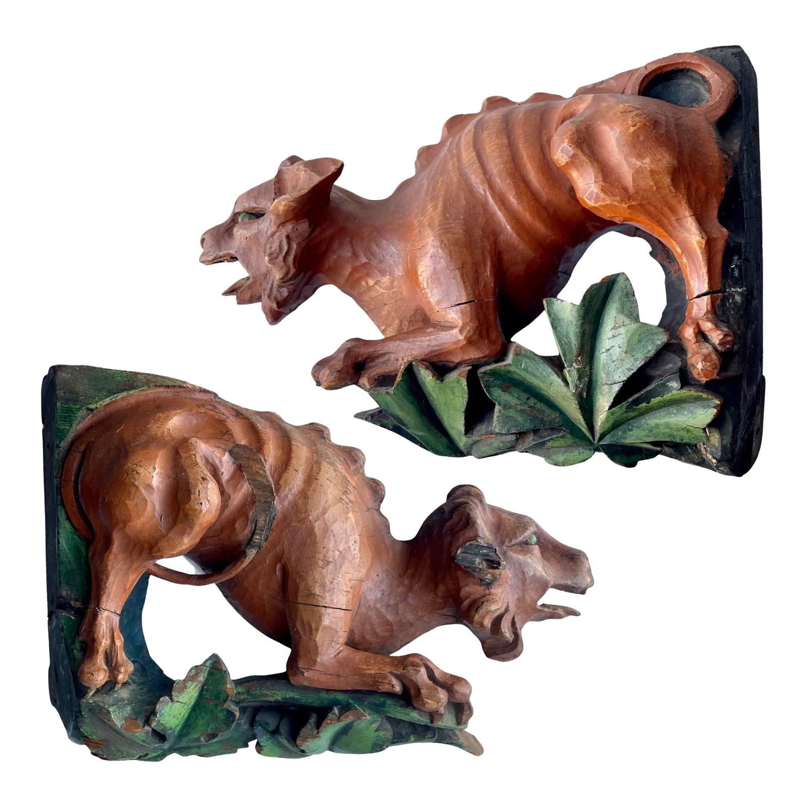 19th Century Black Forest Carved Wood Gargoyle Wall Sculptures- a Pair ...