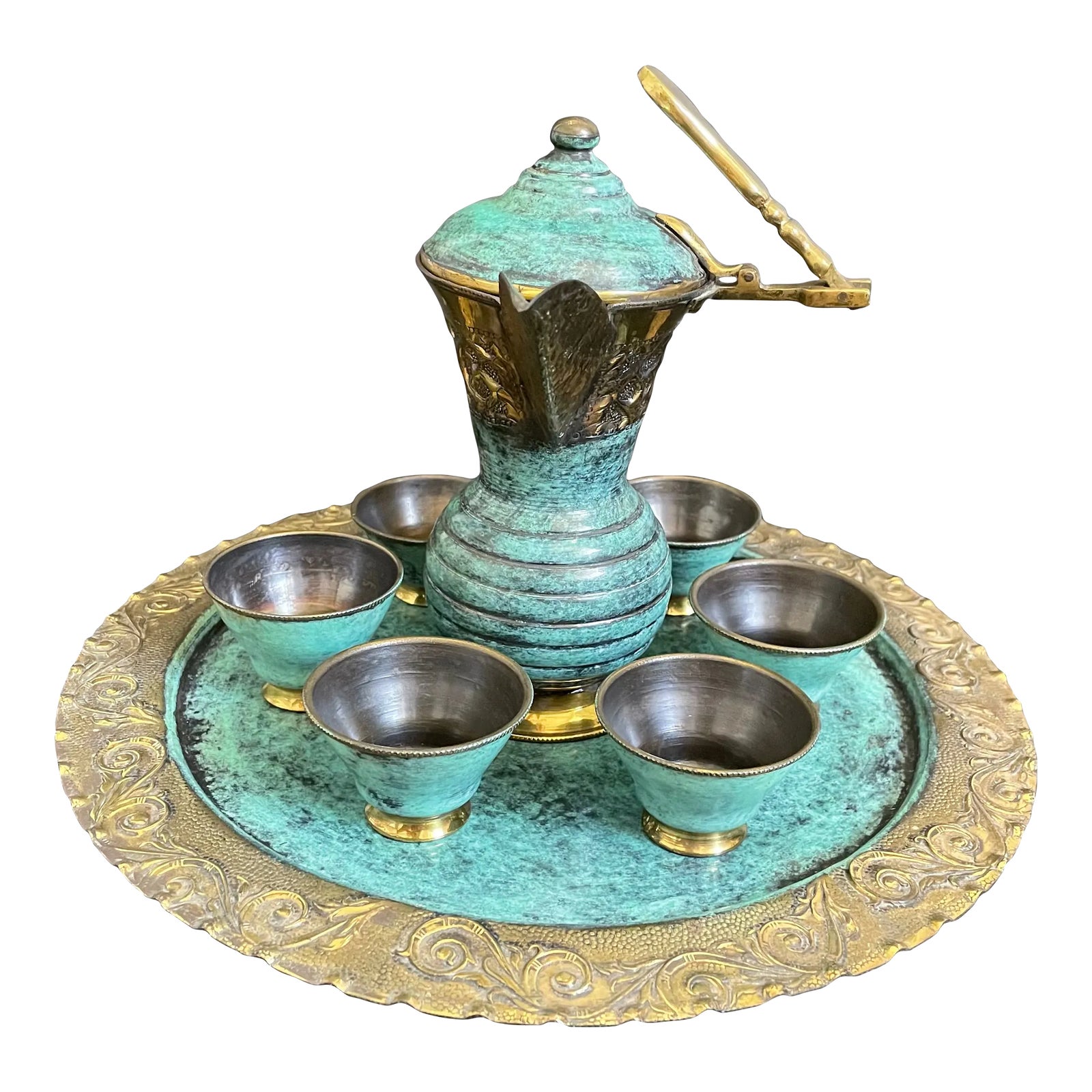Oppenheim Israel Hammered Brass Verdigris Dallah Coffee Pot, Cups ...