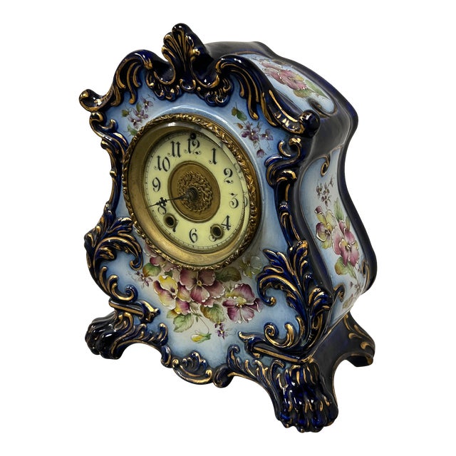 Antique Cobalt Blue Waterbury Porcelain Mantle Clock | Chairish