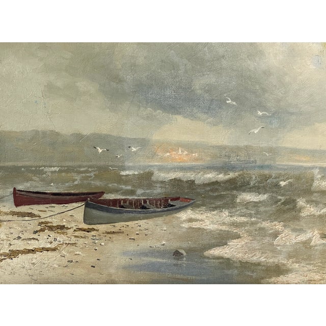 Antique Painting of a Seascape with Two Canoes and Sailboats by K E ...