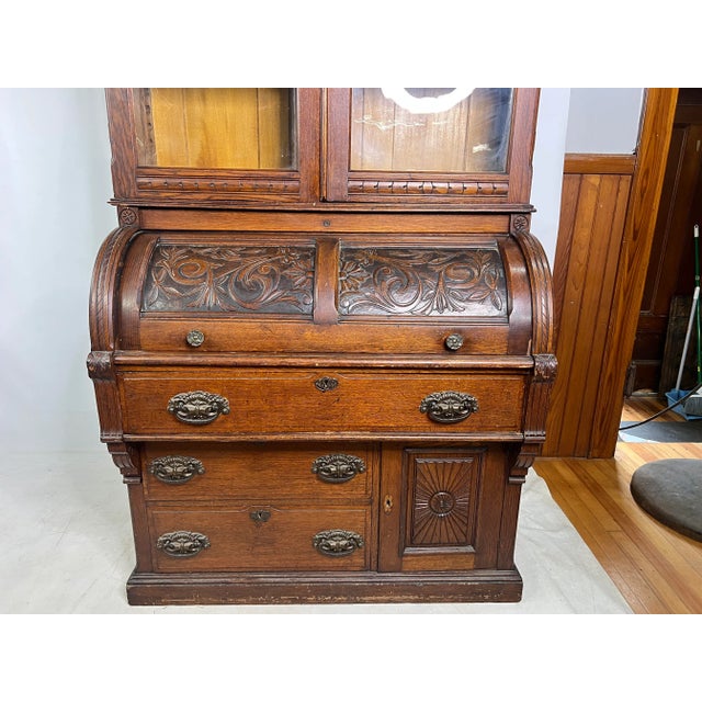 Antique Carved Cylinder Roll Top Secretary Desk With Bookcase Top ...