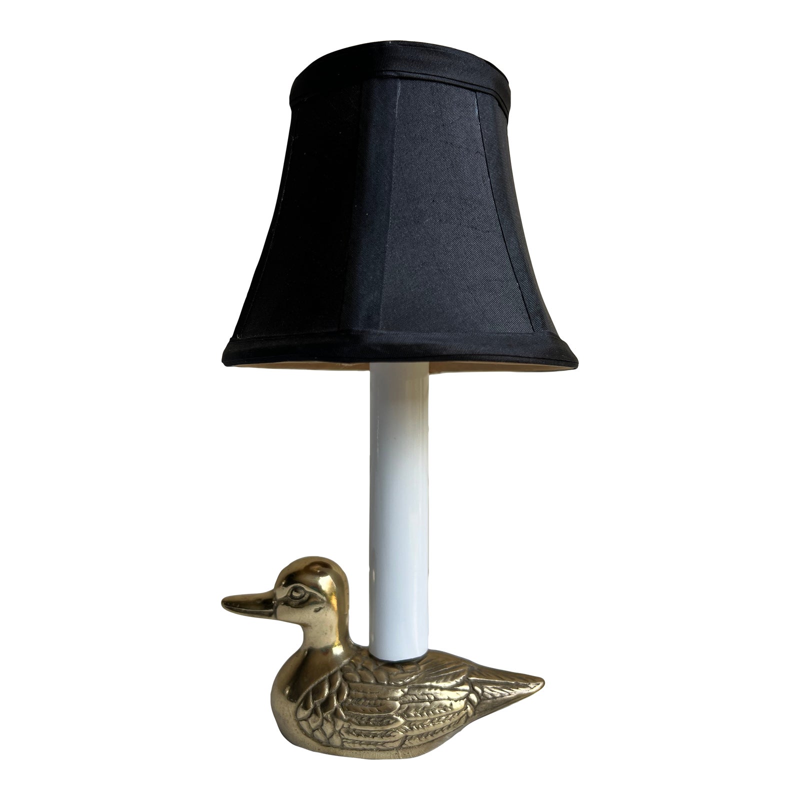 Vintage Small Brass Duck Candlestick Lamp With Black Silk Shade | Chairish