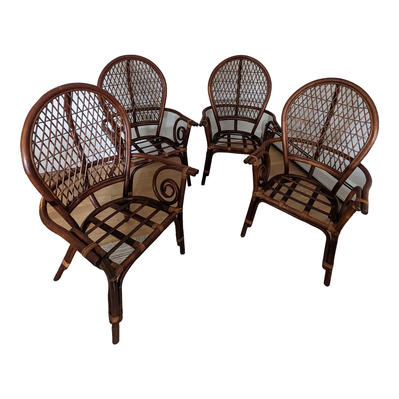 Late 20th Century Rattan Balloon Back Arm Chairs- Set of 4 | Chairish