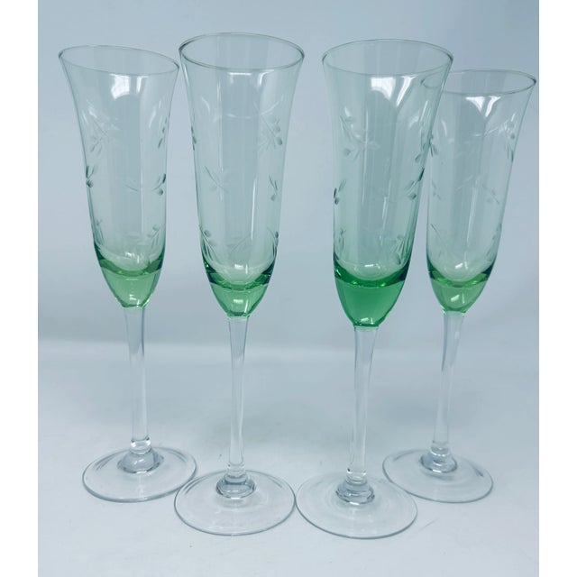Vintage Green Colored Glass Champagne Flutes With Etched Floral Leaves ...