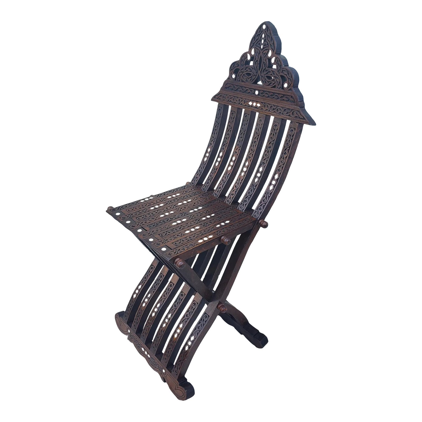 Moroccan / Syrian Mother-Of-Pearl Walnut Wood Folding Chair | Chairish