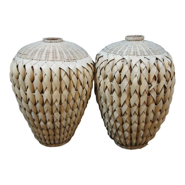 Set of 2 Large Vintage Boho Woven Palm Wicker Rattan Basket Urns Floor ...
