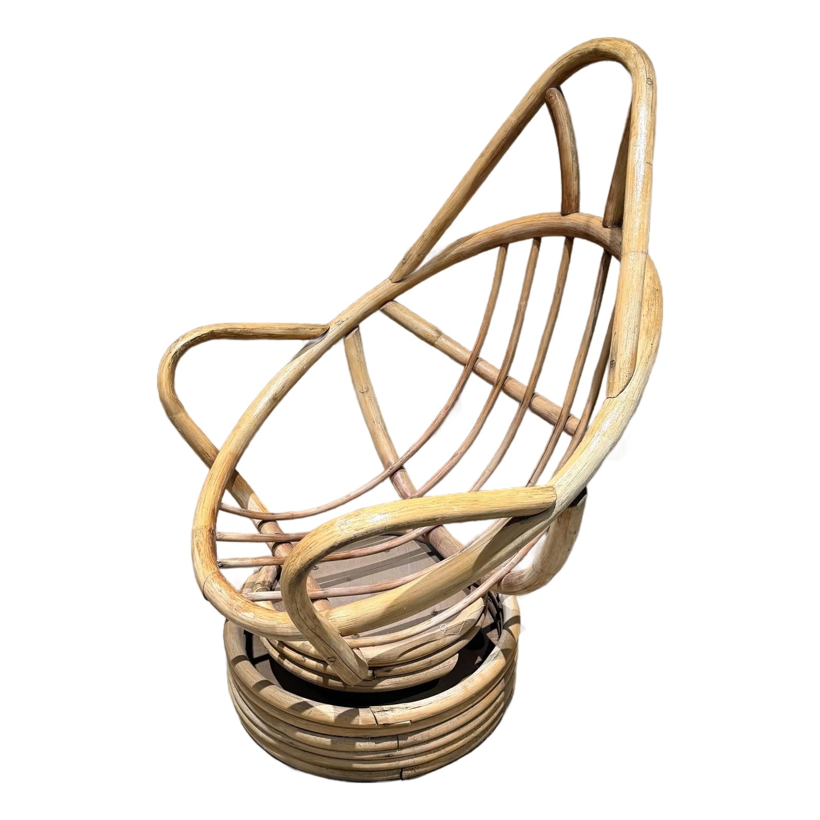 Swivel Bucket Lounge Chair on Stacked Rattan Bamboo Pedestal Base Mid ...