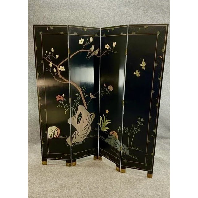 1960’s Black Lacquered Asian Hand-Painted 4 Panel Room Divider | Chairish