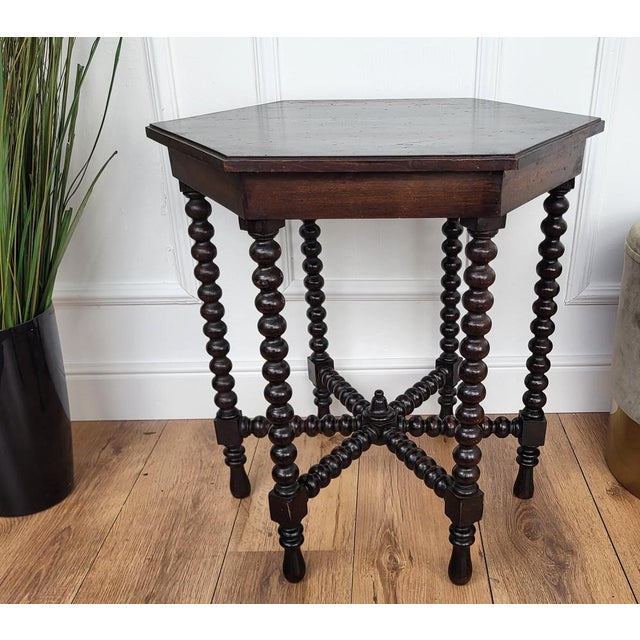 Antique Italian Hexagonal Black Walnut Side Table with Bobbin Turned ...