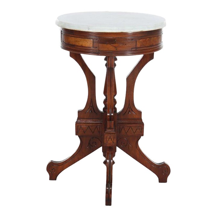 Antique Eastlake Walnut & Burl Marble Top Side Stand C1890 | Chairish