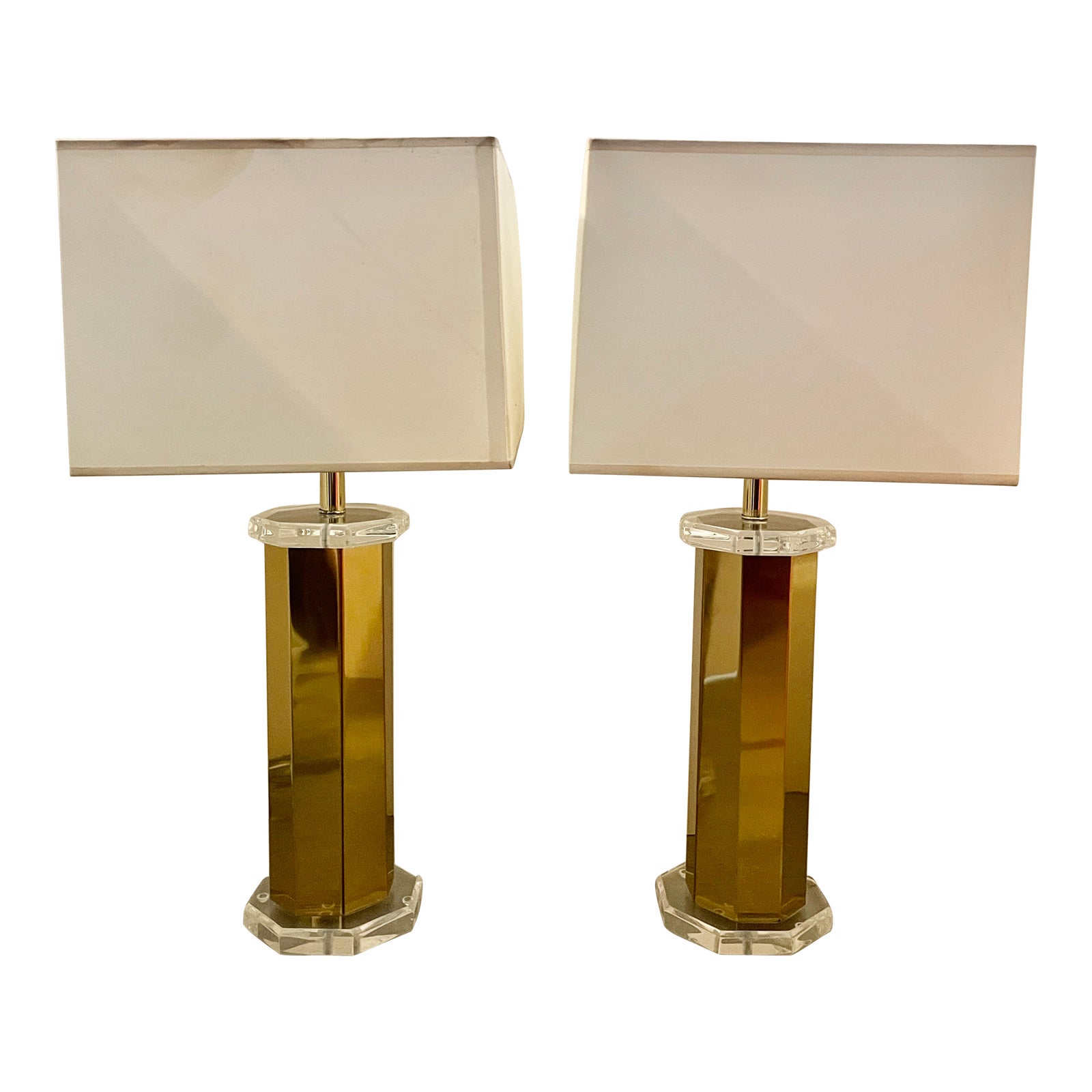 Large 1970's Brass & Lucite Octagonal Table Lamps/Pair | Chairish
