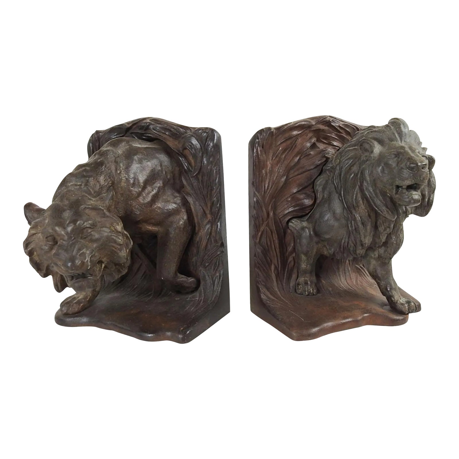 Early 20th Century Bradley Hubbard Lion Tiger Cast Iron Bookends | Chairish