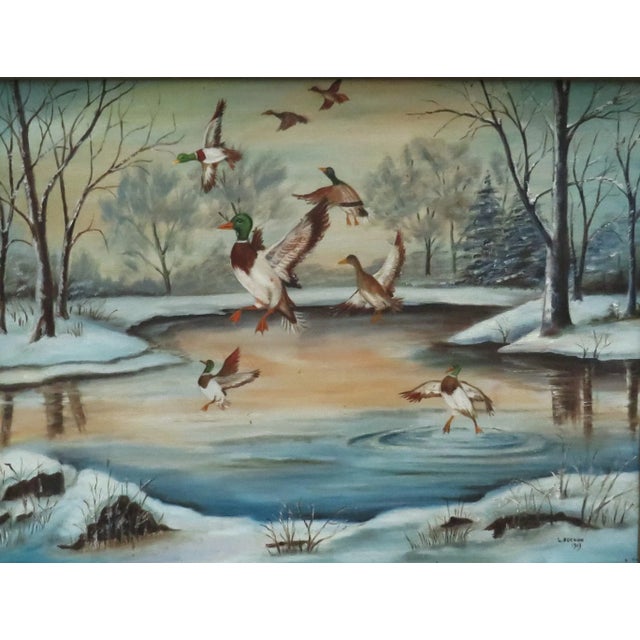 Vintage Oil Painting Winter Scene With Mallard Ducks Birds | Chairish