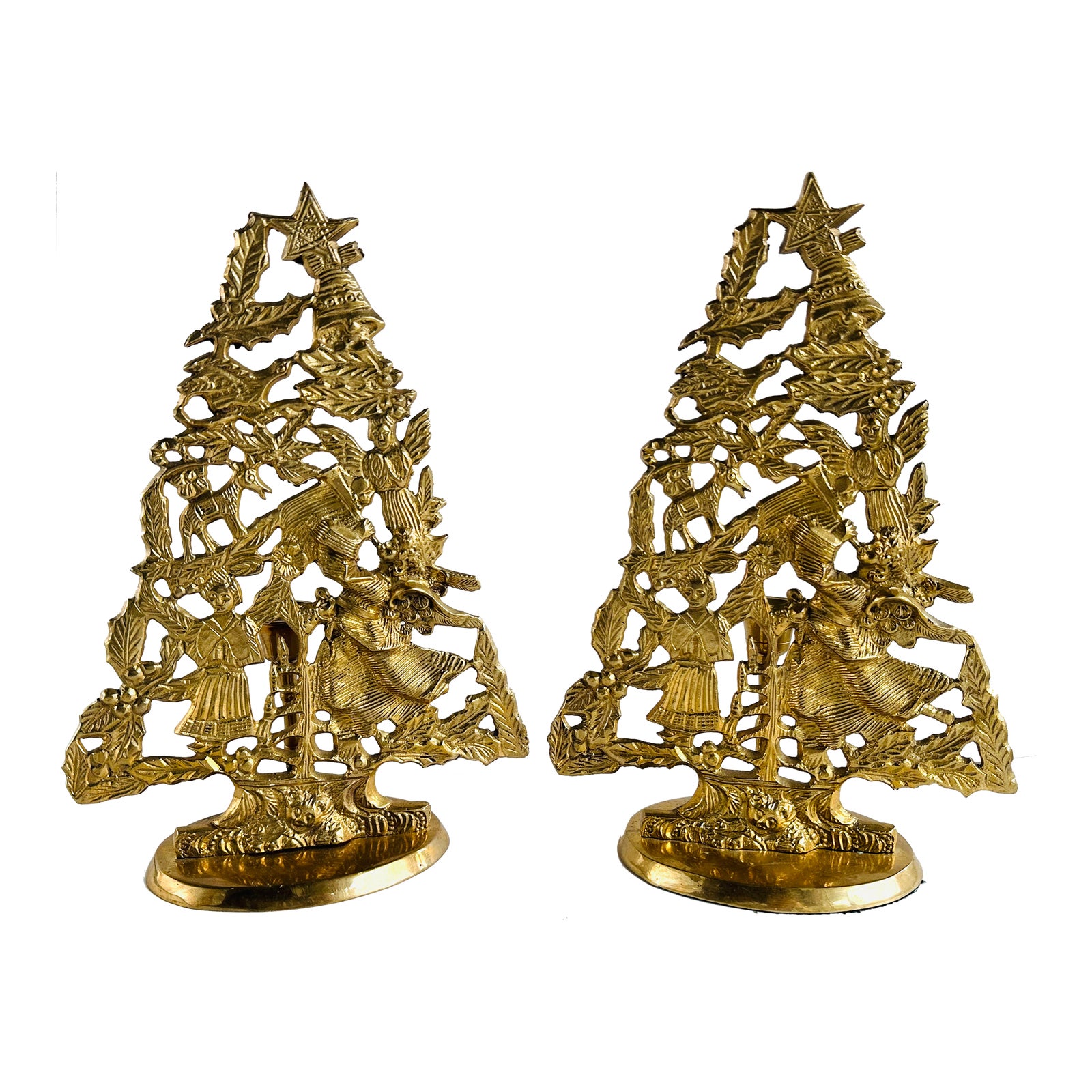 Brass Christmas Tree Candleholders - a Pair | Chairish