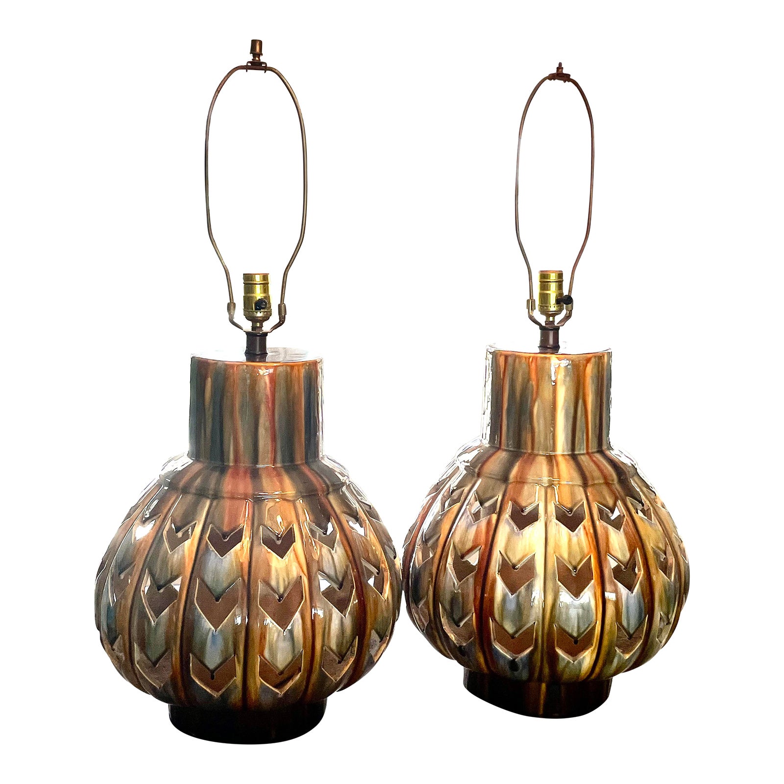 Vintage Pair of Mid 20th Century Blue, Green and Brown Glazed Ceramic ...